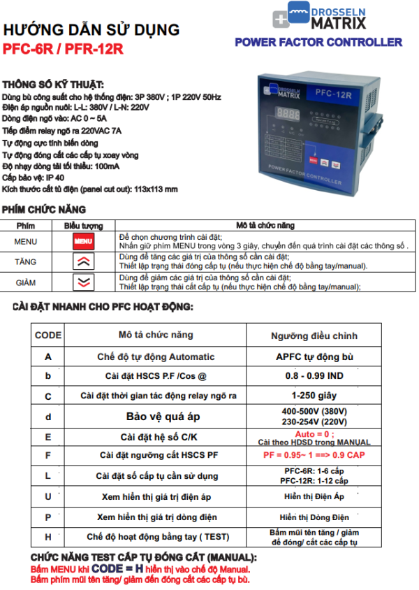 Bộ điều khiển tụ bù DROSSELN MATRIX 06 cấp PFC-6R | PFC-6R