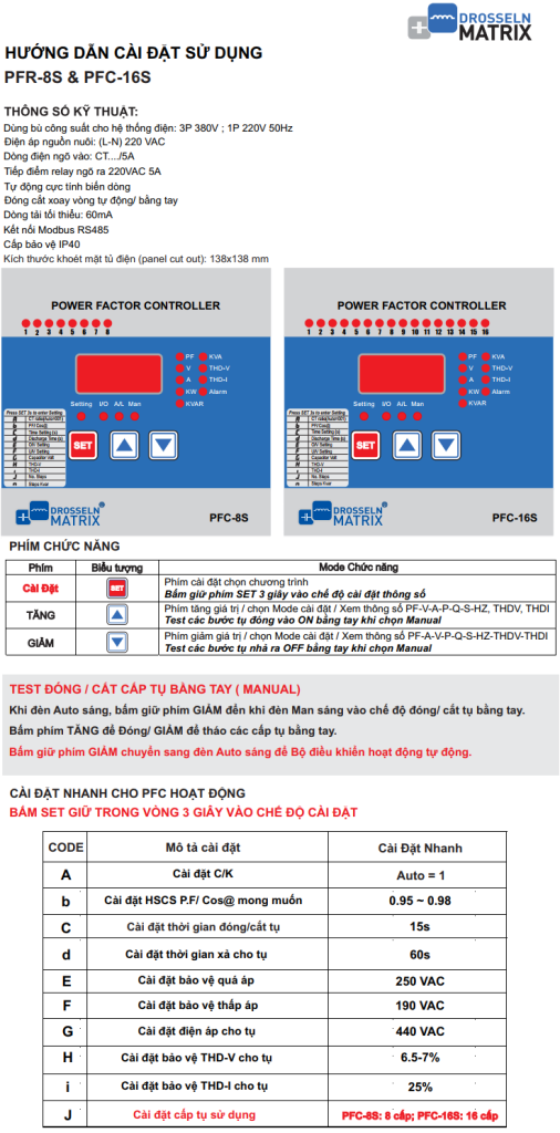 Bộ điều khiển tụ bù DROSSELN MATRIX 08 cấp PFC-8S - Thái Dương Electric