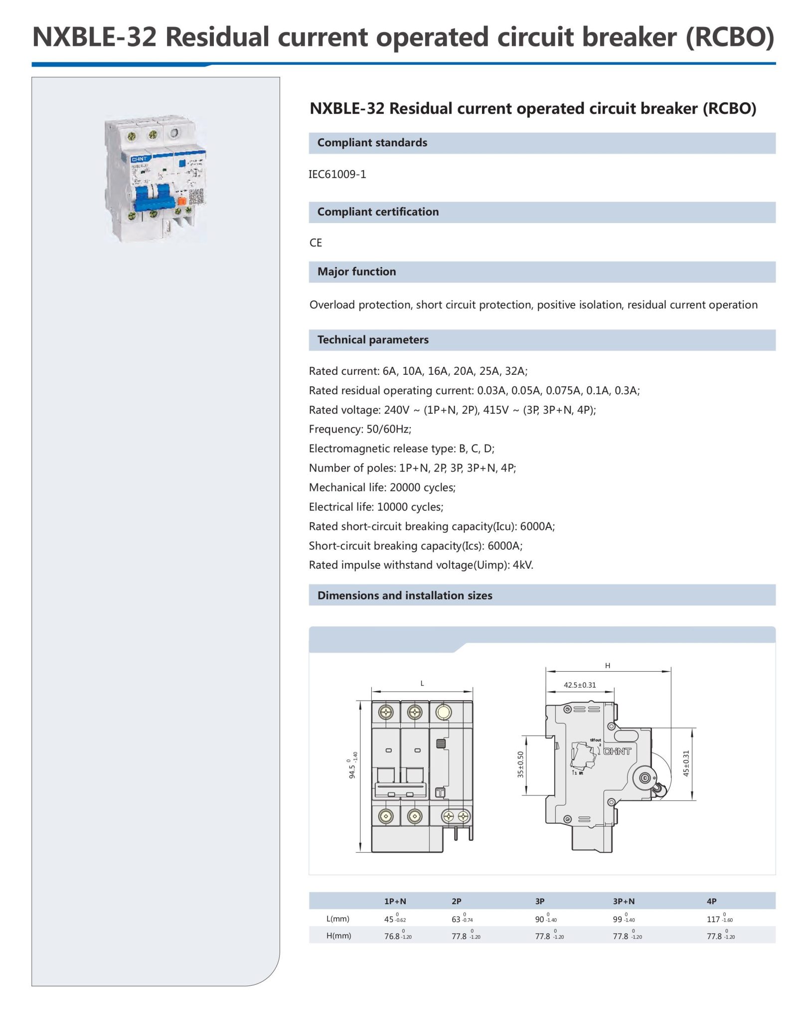 RCBO CHINT NXBLE-32 2P 16A 30mA 6kA - Thái Dương Electric