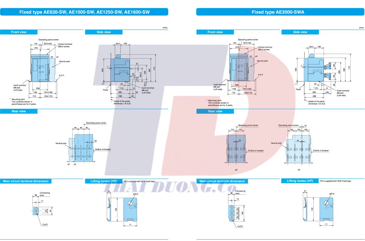 Máy cắt ACB Mitsubishi AE630-SW 3P 630A 65kA Fix Type - Thái Dương Electric